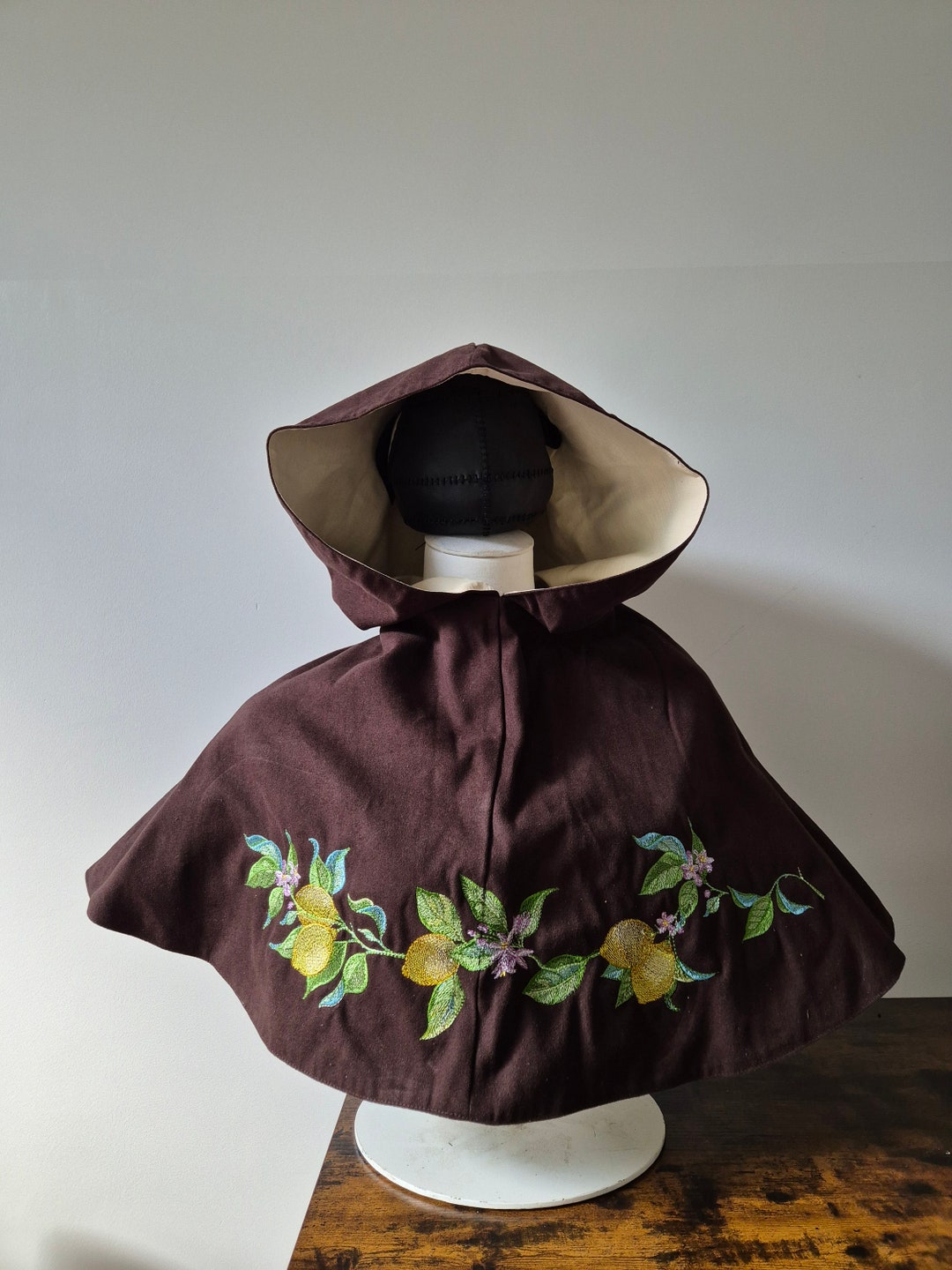 Medieval Hood Larp Costume Mantle Lemon Embroidery Lrp Druid Cosplay ...