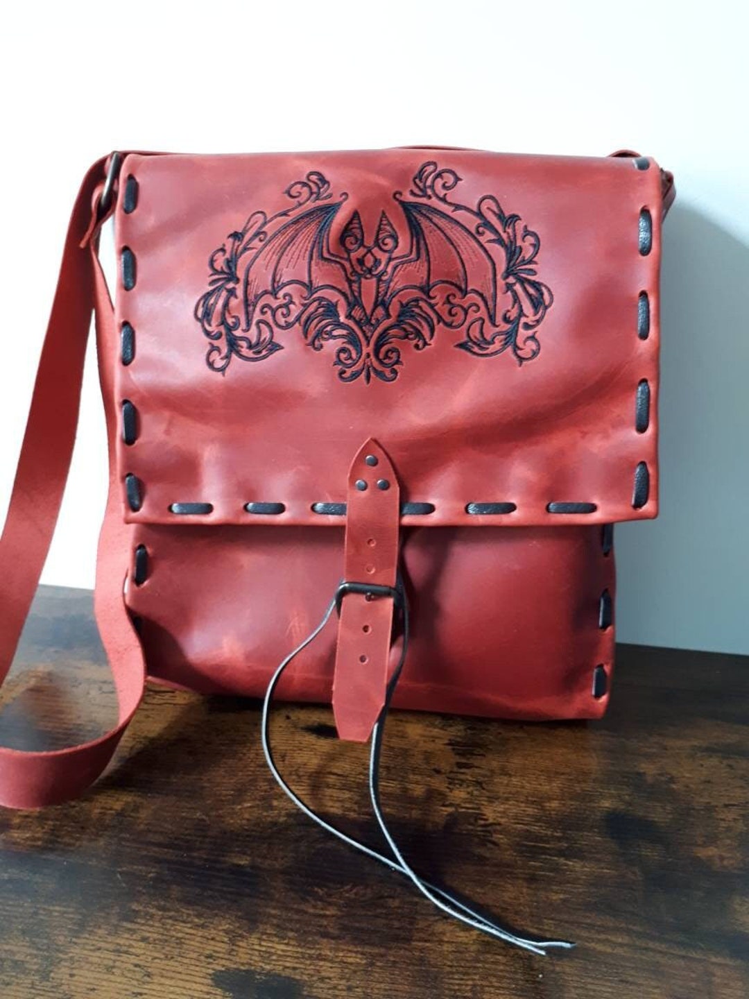 Large Leather Shoulder Bag Larp Costume Accessory Gothic Bat Embroidery ...