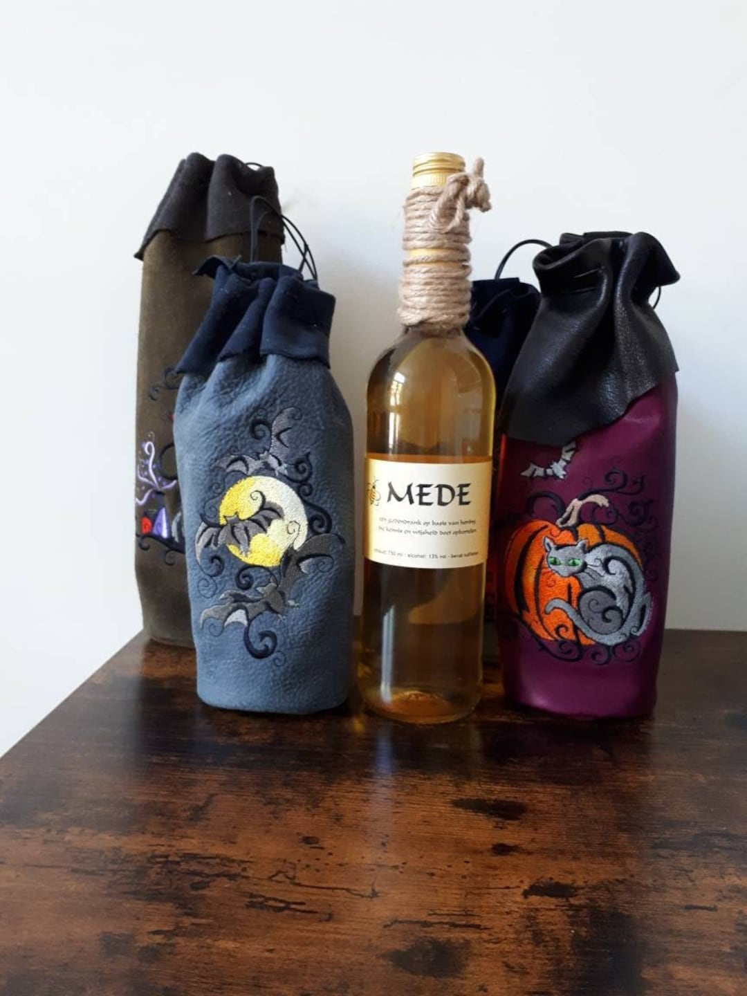Larp Leather Bottle Pouch Embroidered Wine Bottle Holder Costume ...