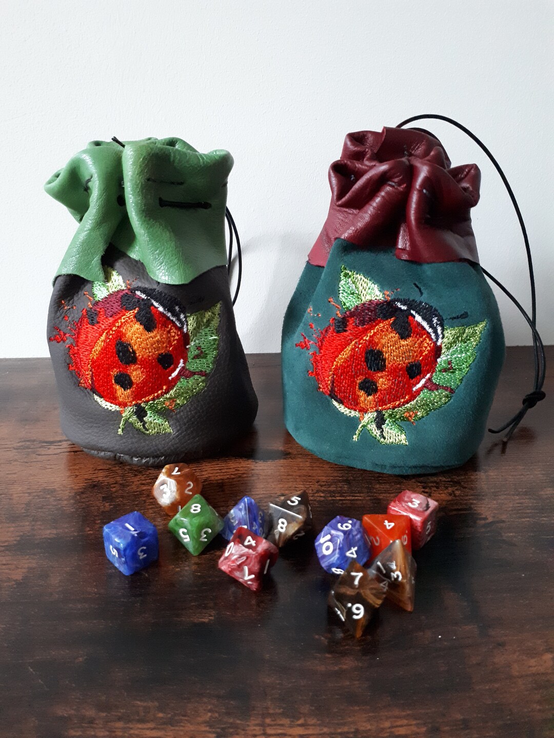 Large Leather Dice Bag Lady Bug Embroidery Nature Larp Pouch Rpg Gamer ...