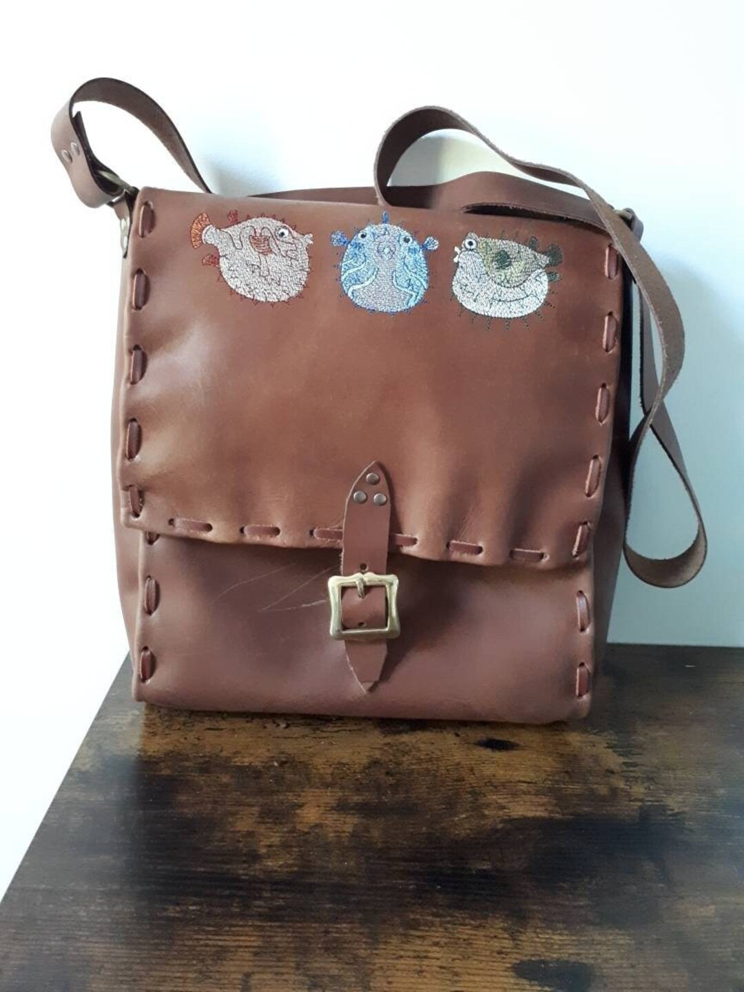 Large Leather Shoulder Bag Larp Costume Accessory Pufferfish Embroidery ...