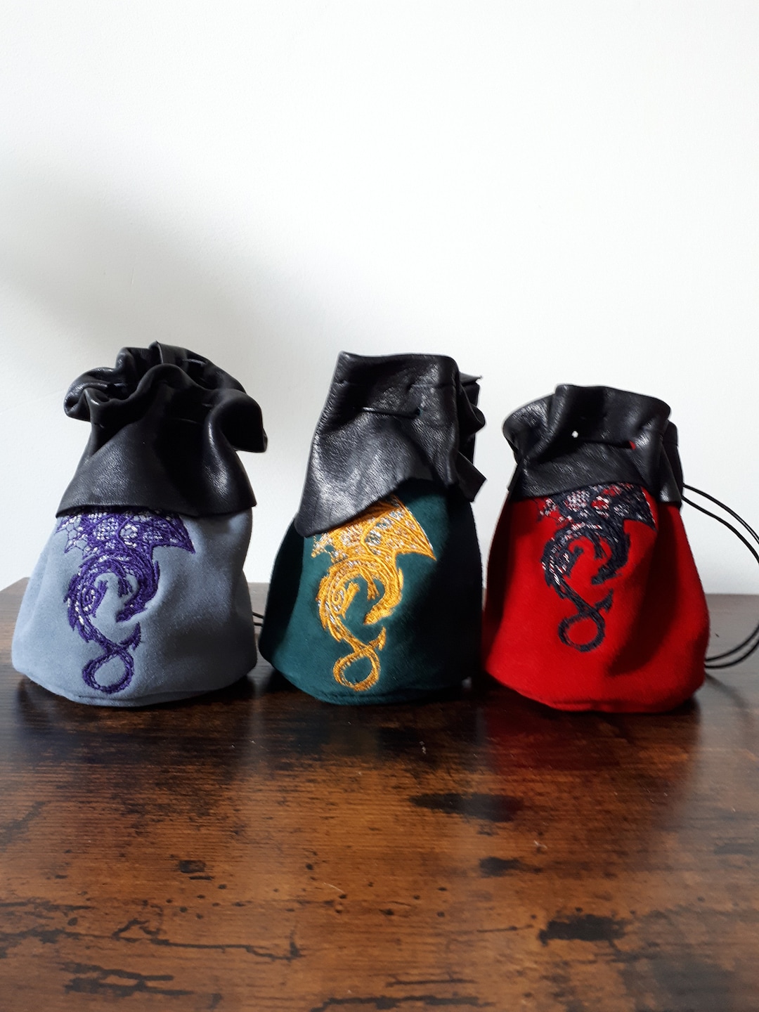 Large Leather Dice Bag Rpg Gamer Dragon Embroidery Larp Pouch Tabletop ...