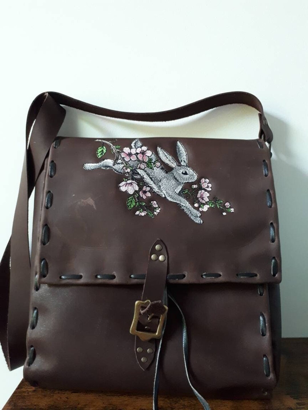 Large Leather Shoulder Bag Larp Costume Accessory Rabbit Cherry Blossom ...