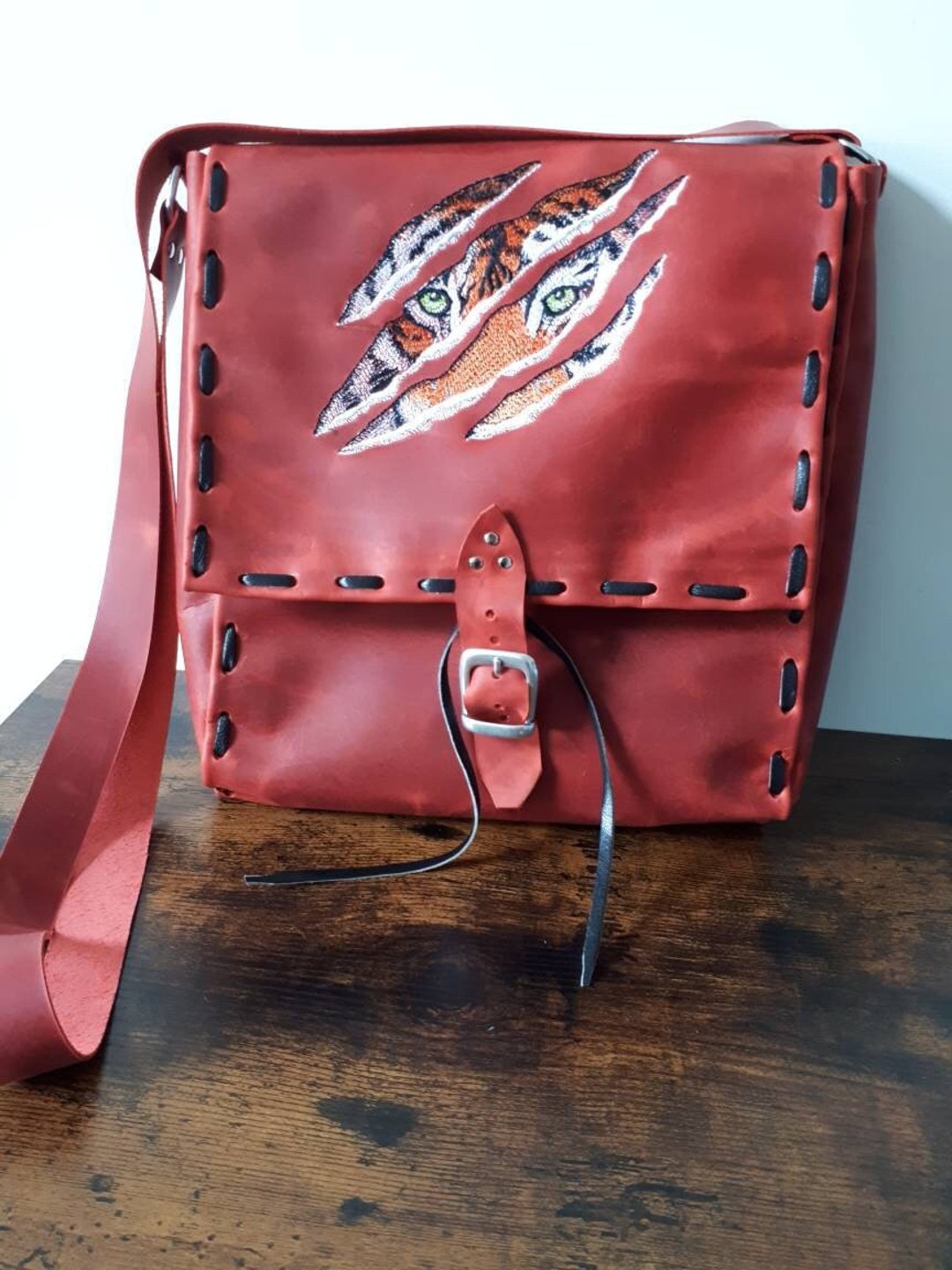 Large Leather Bag Larp Costume Accessory Tiger Embroidery Fantasy ...