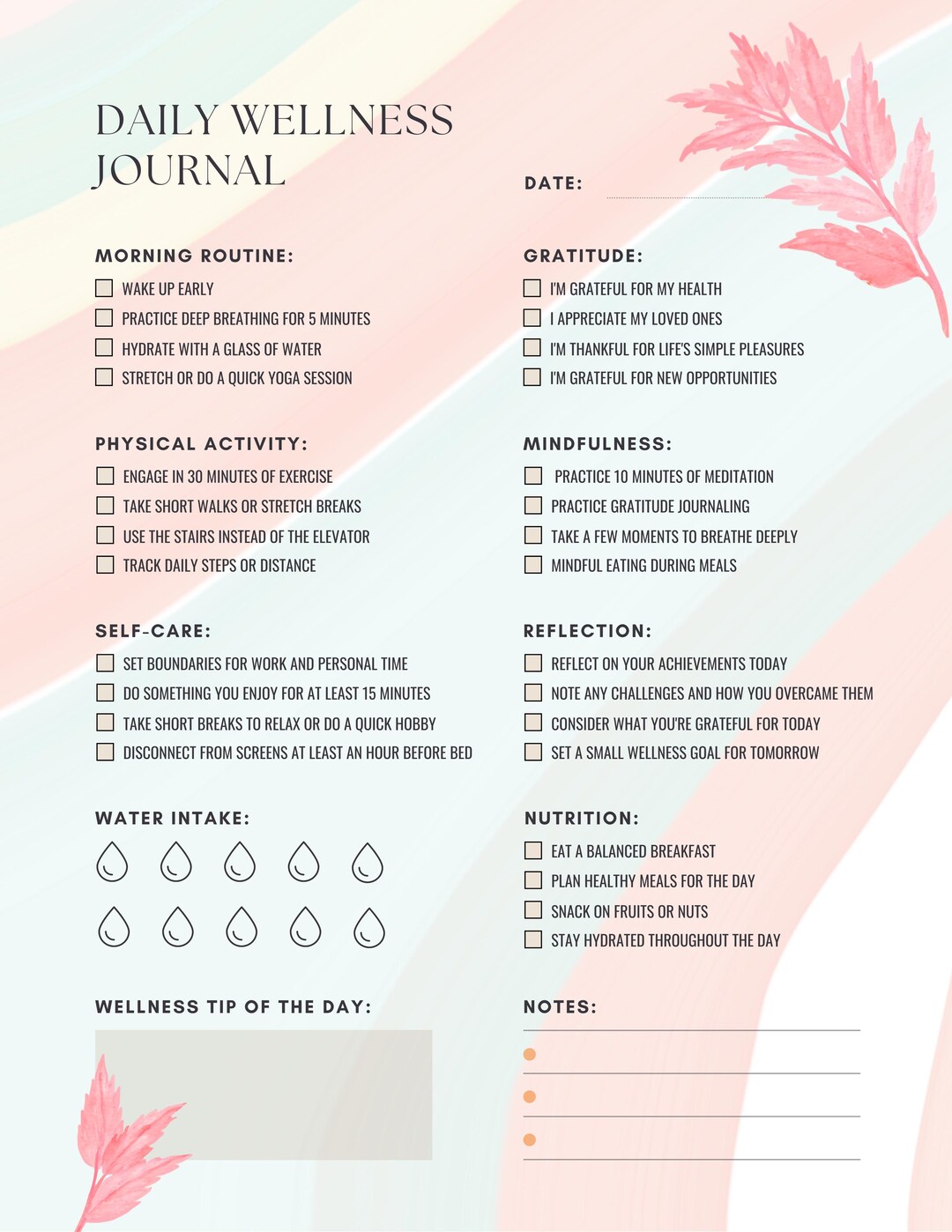 Daily Wellness Journal, Printable Daily Planner, Self-care Journal ...