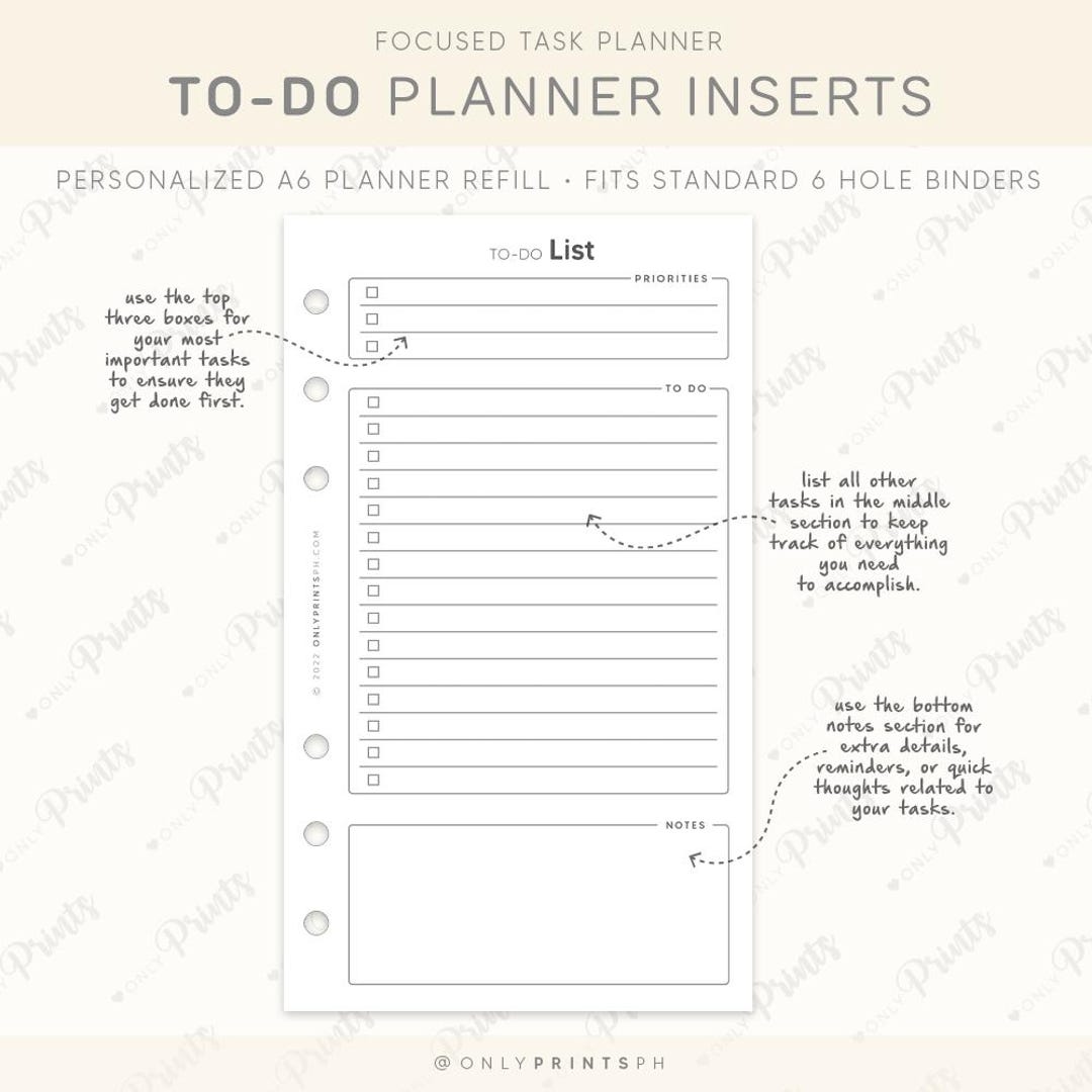 PRINTED Personal A6 To-do List Planner Inserts, 30 Sheets, Daily ...