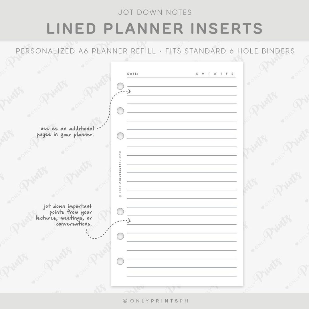 PRINTED Personal A6 Lined Planner Inserts – 30 Sheets, 3.93" X 6.65 ...