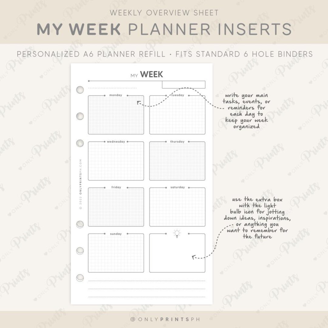 Printed A6 Weekly 28 Planner Inserts: Minimalist 6-hole Refills - Etsy