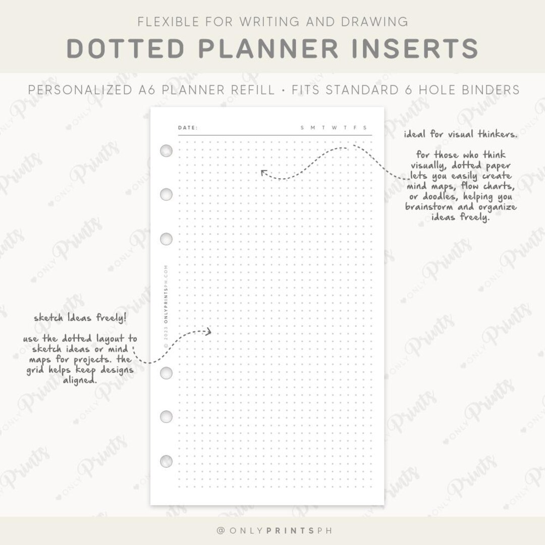 PRINTED Personal A6 Dotted Planner Inserts, 30 Sheets, 6-ring Binder ...