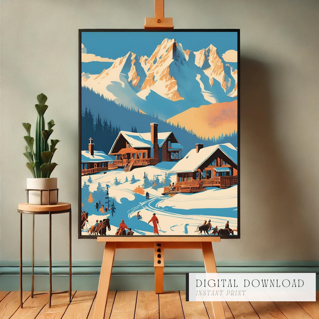 Vintage Ski Lodge Winter Cabin Poster | Retro Mountain Wall Art - Etsy