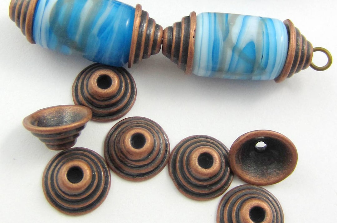 24 Antique Copper Bead Caps Ethnic Jewelry Spacer Beads Ribbed Bead ...