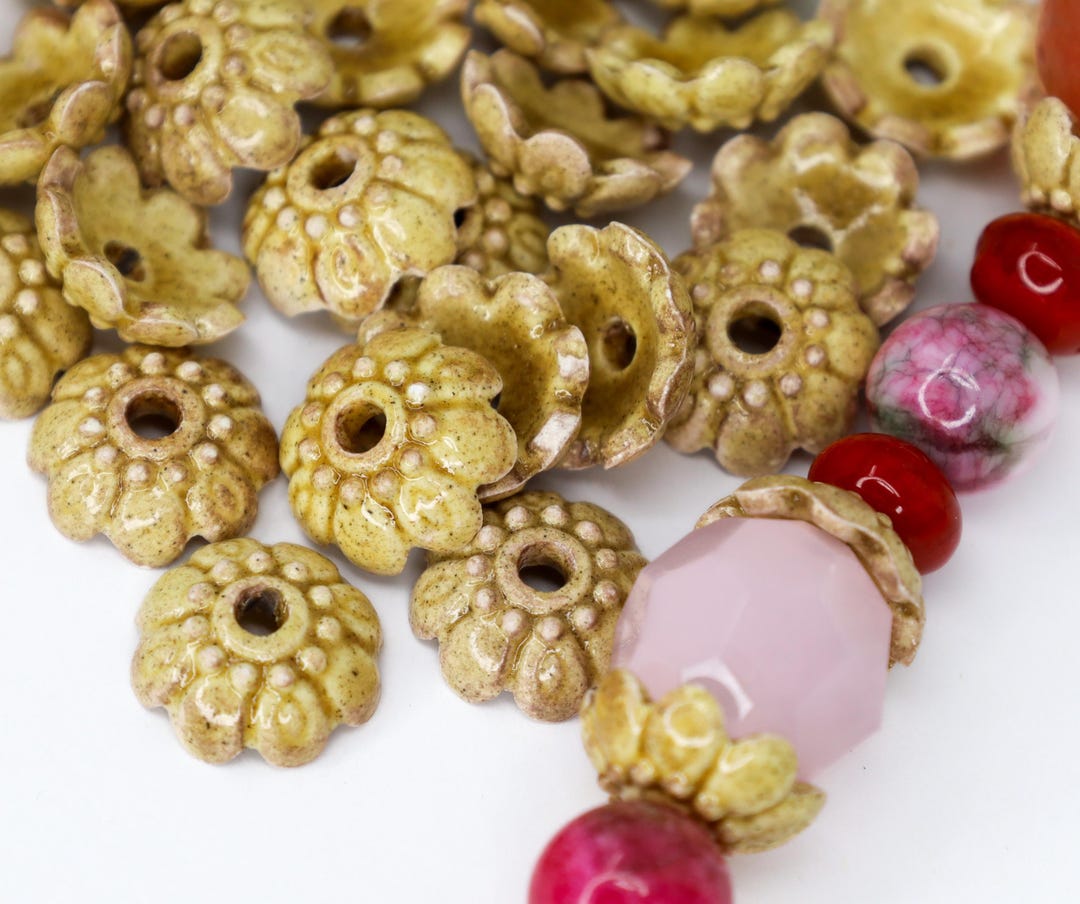 Handmade Porcelain Flower Bead Caps, Multi Petal Brown Ceramic Bead ...
