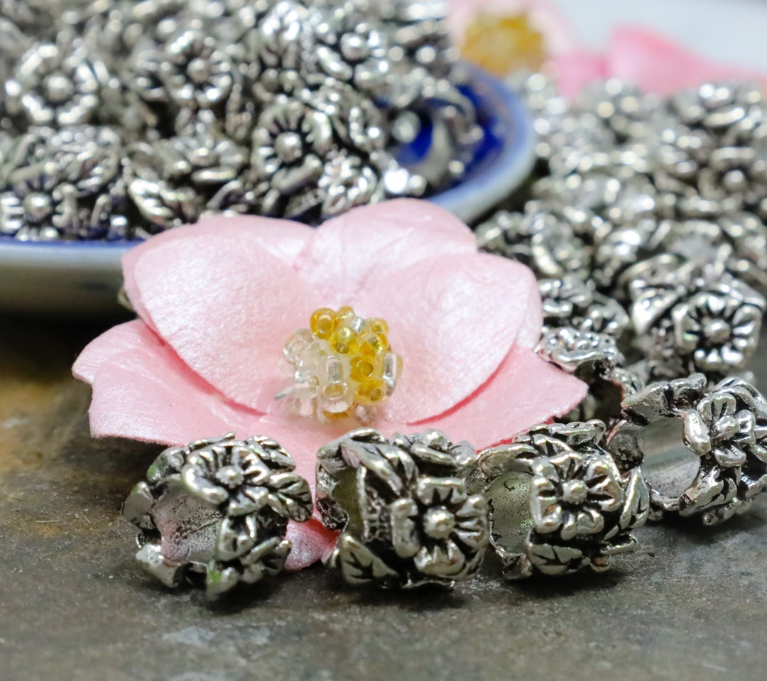 12 Large Hole Antique Silver Rose Spacer Beads, Floral Spacer Beads ...
