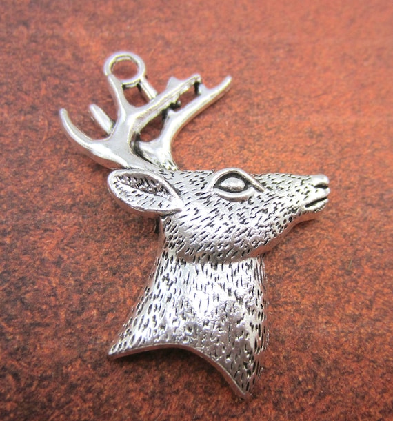3 Silver deer head charms deer silvertone pendants buck with | Etsy