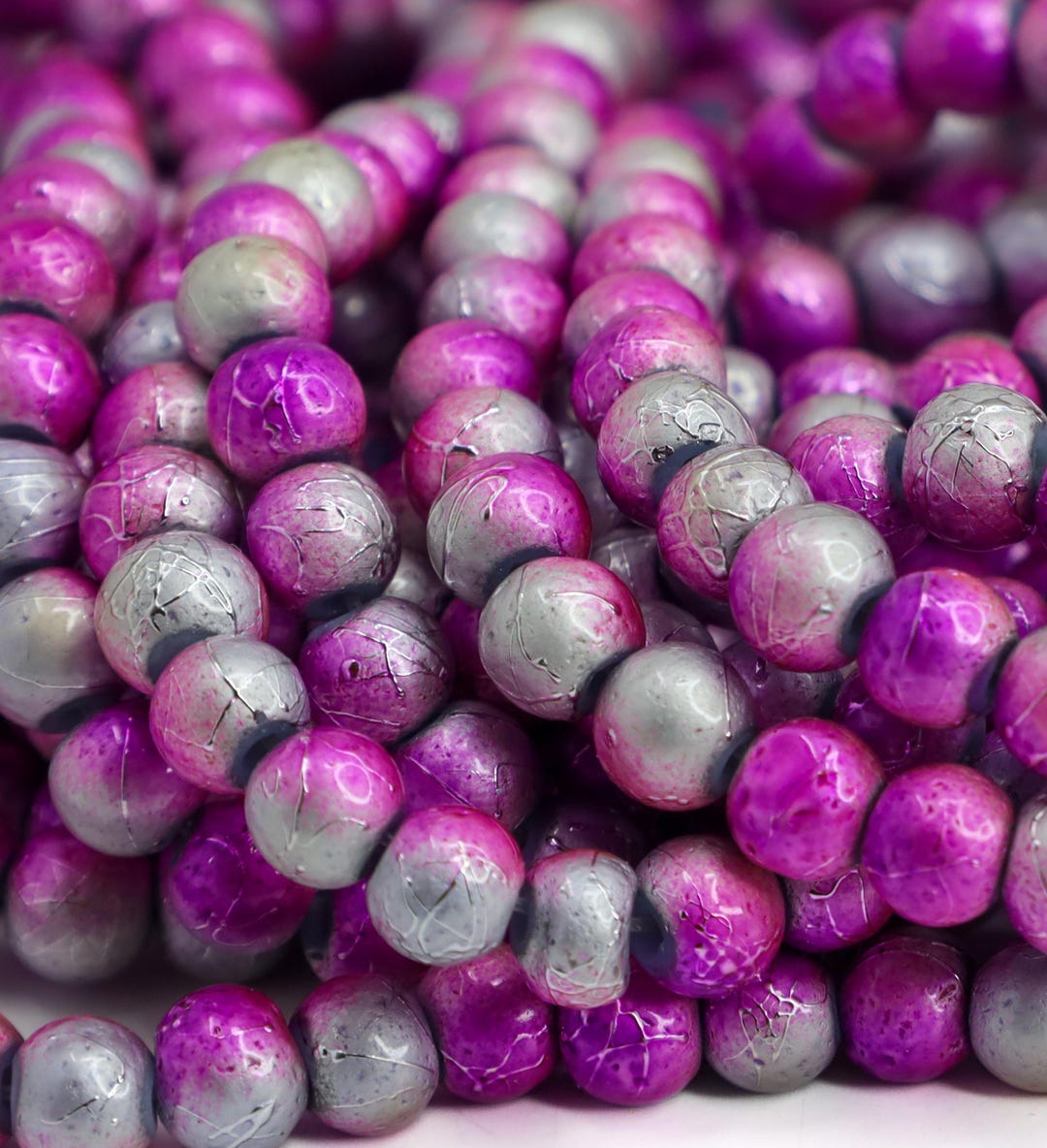 Mystic Purple Glass Beads, 6mm Round Drawbench Beads, Silver Swirl ...