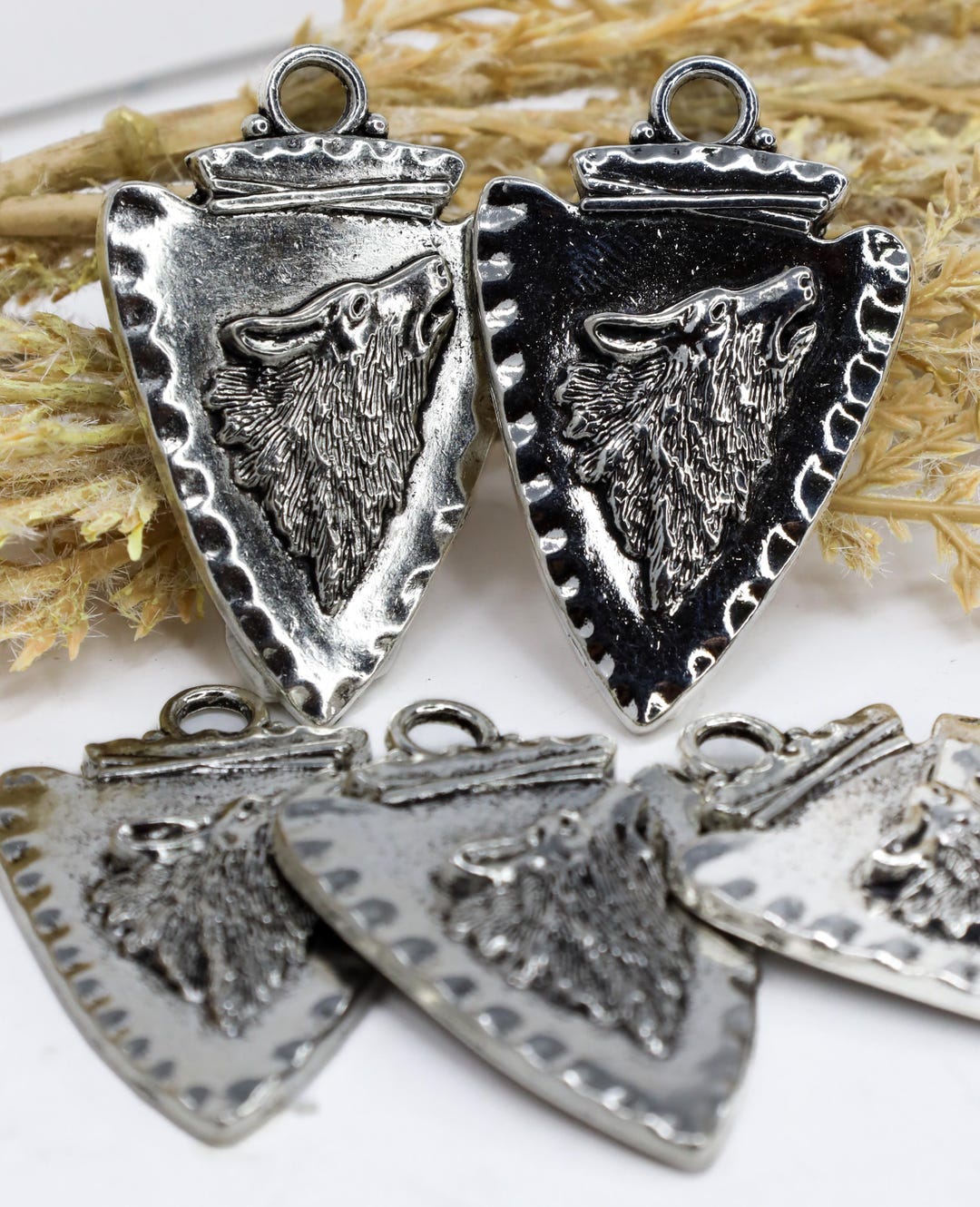 Silver Arrowhead Wolf Pendants 44mm X 28mm Tribal Totem Wolf Pendant ...