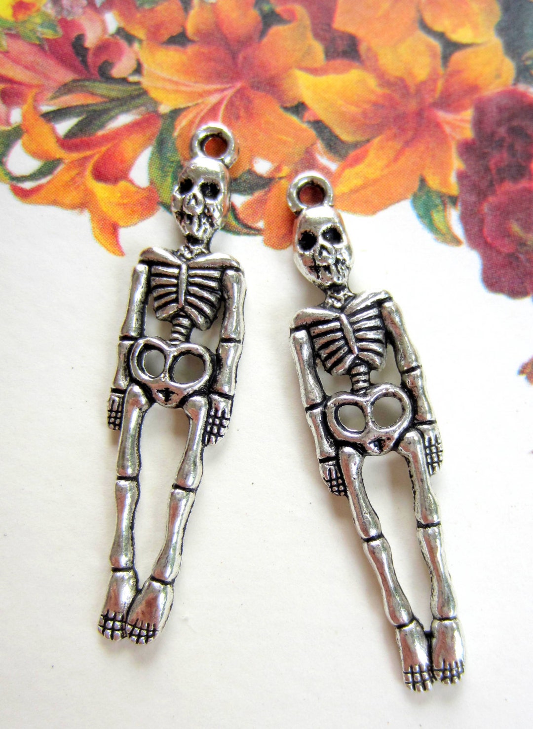 Antique Silver Skeleton Charms, 39mm Day of the Dead Halloween Jewelry ...