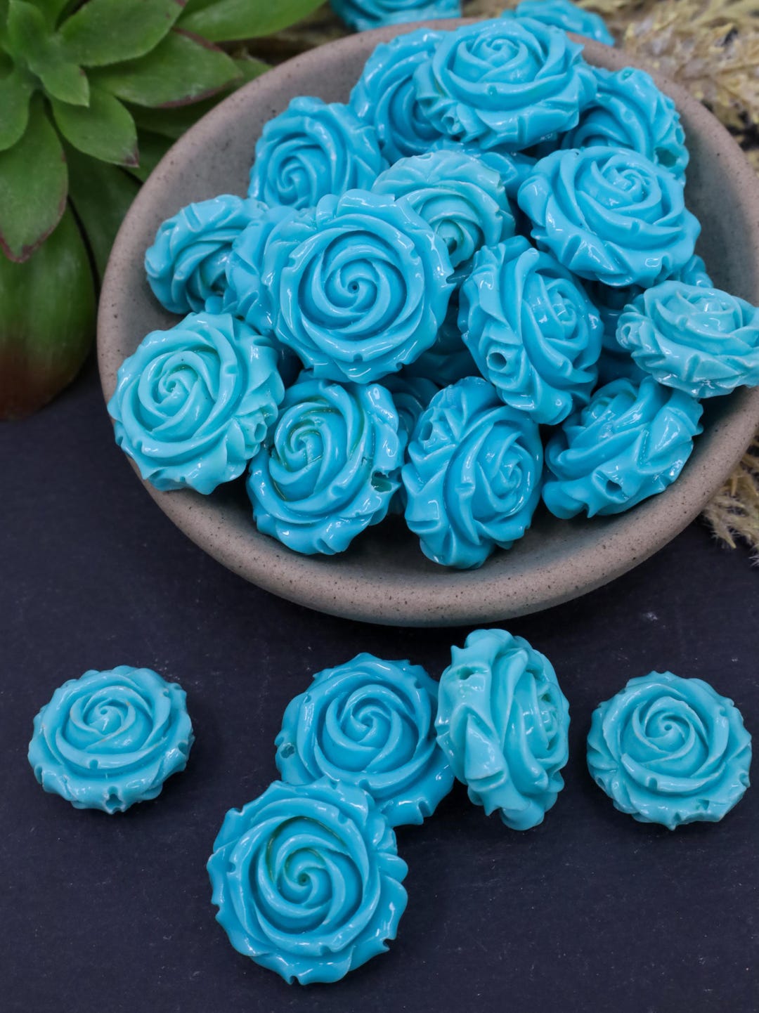 Turquoise Blue Resin Rose Beads - Double Sided Floral Spacer Beads ...