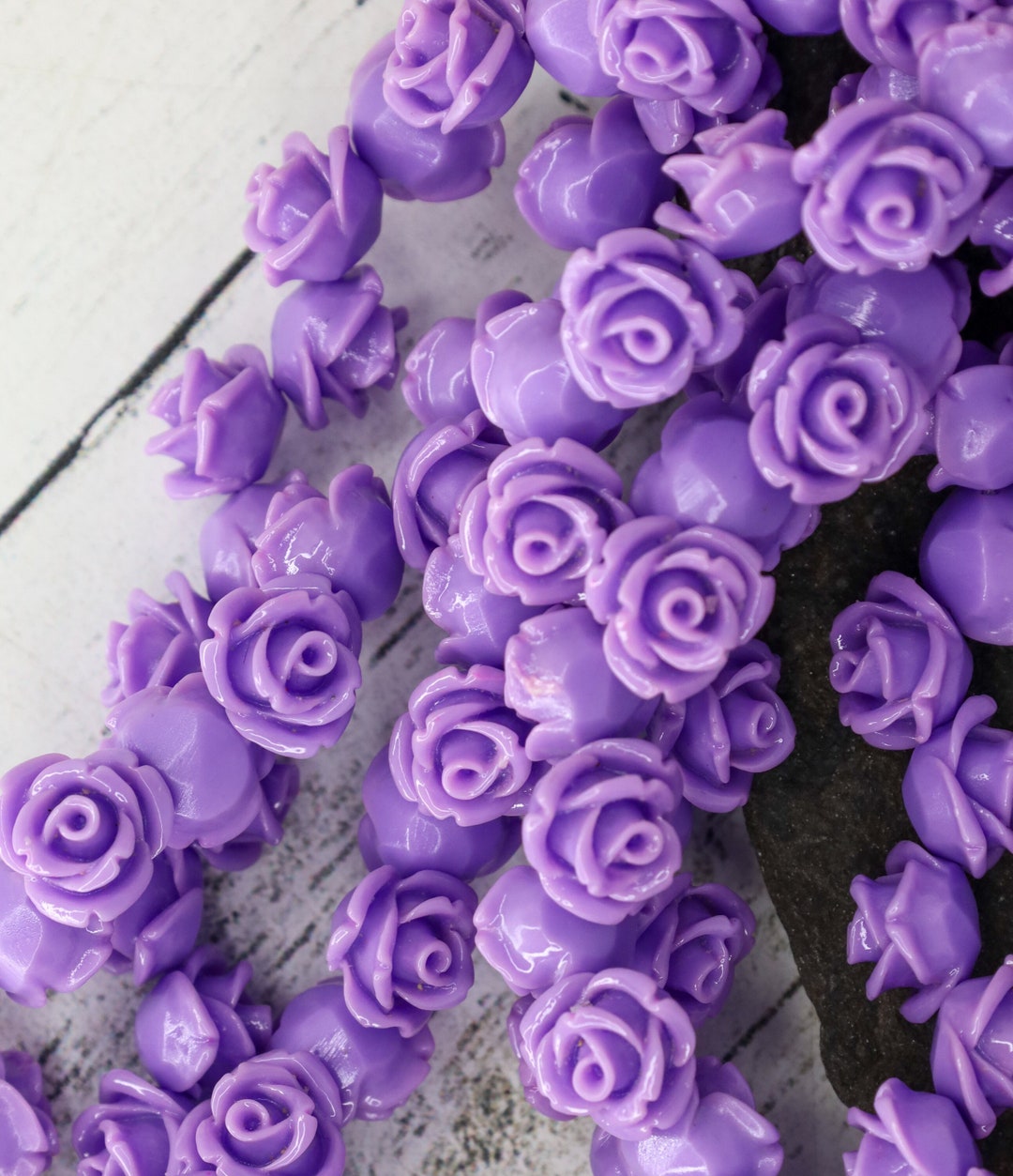 Purple Rose Flower Resin Beads - 1 Strand; Purple Floral Beads, Resin ...