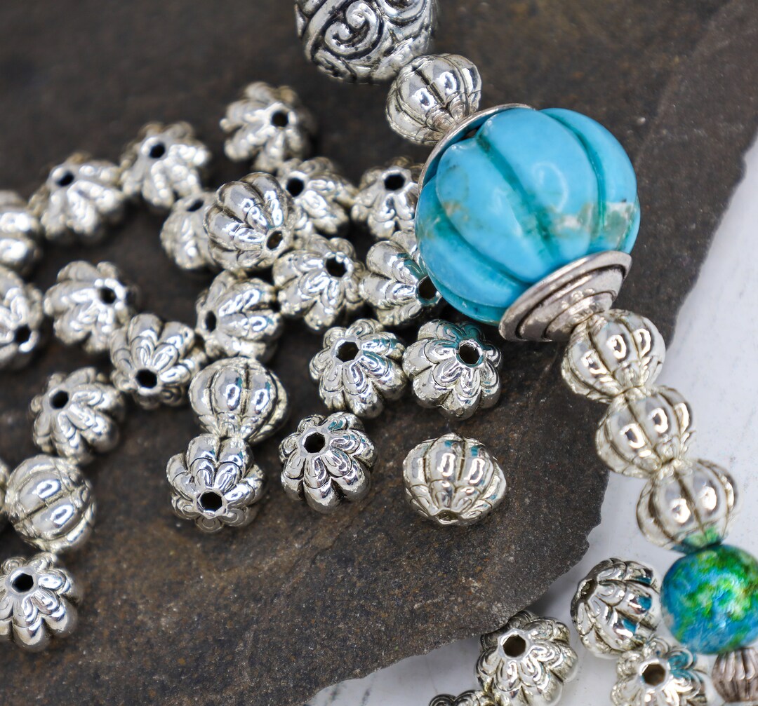 Floral Lantern Style Silver Metal Beads - Antique Silver Spacer Beads ...