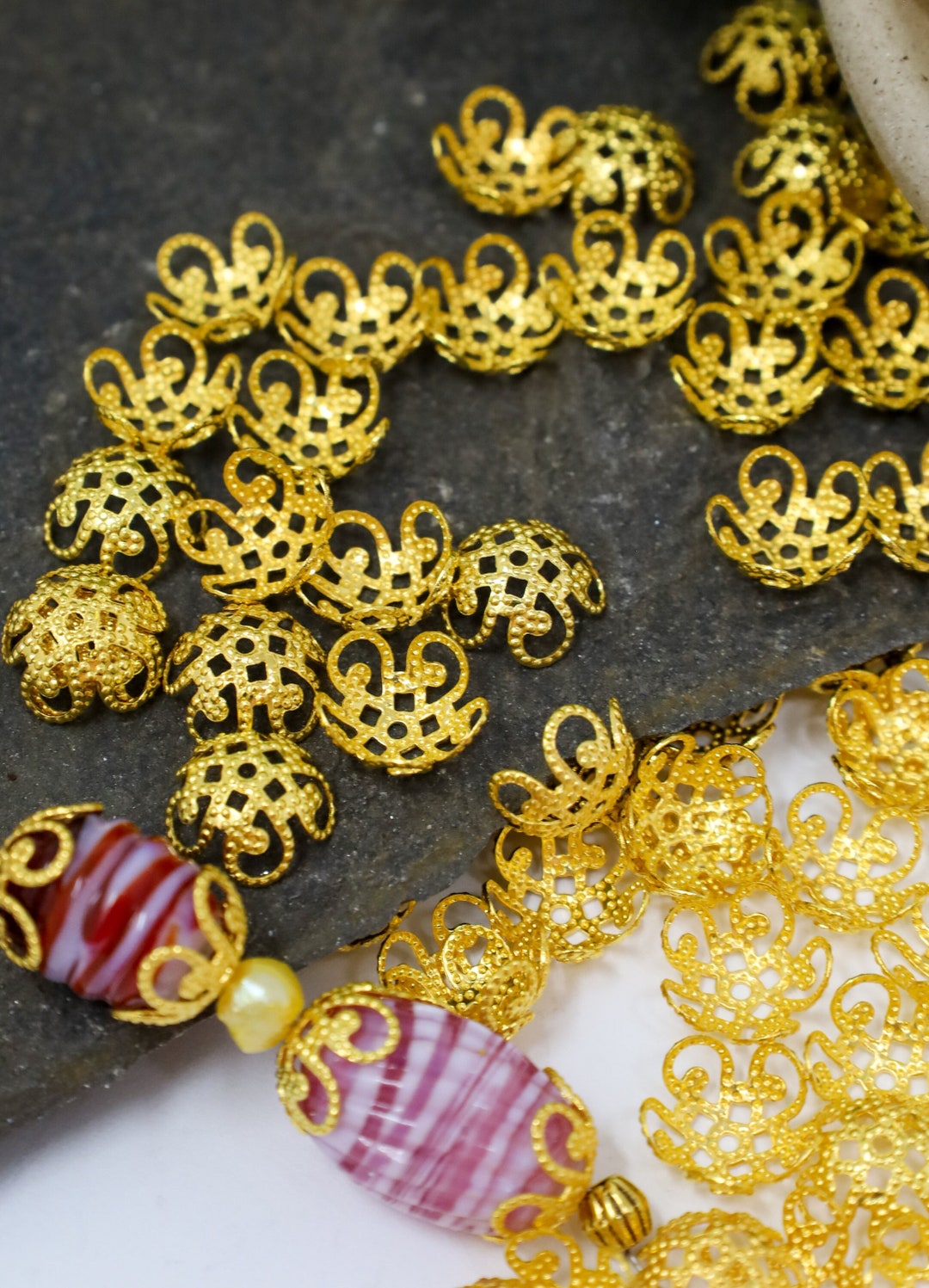 36 Gold Plated Brass Bead Caps, Gold Filigree Bead Caps, 18k Gold Bead ...