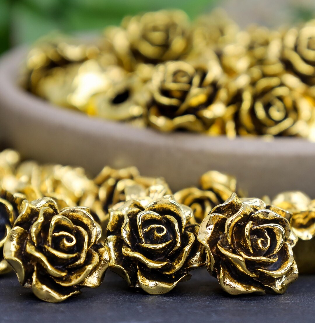 Antique Gold Flower Beads, Metal Spacer Beads, Large Hole Beads, Floral ...