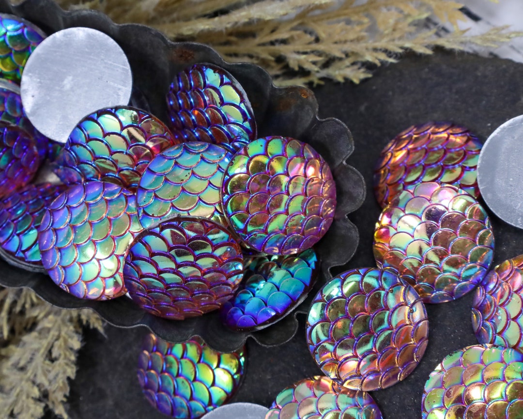 Iridescent Mermaid Fish Scale Flat Bottom Round Cabochons in Purple or ...
