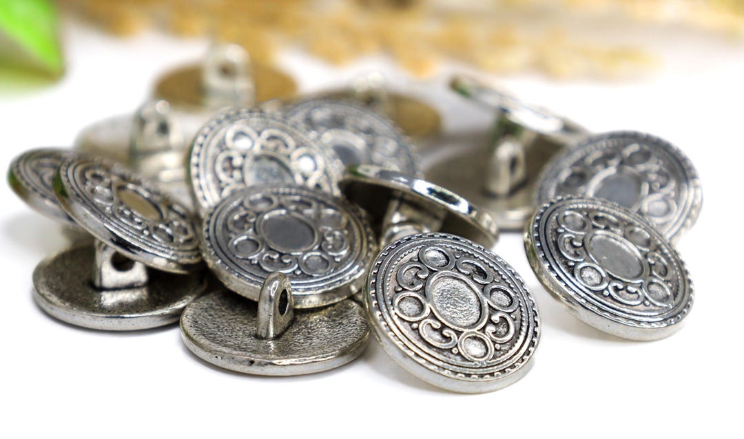 Antique Silver Shank Buttons, Flat Round 1-hole Metal Buttons, Rustic ...