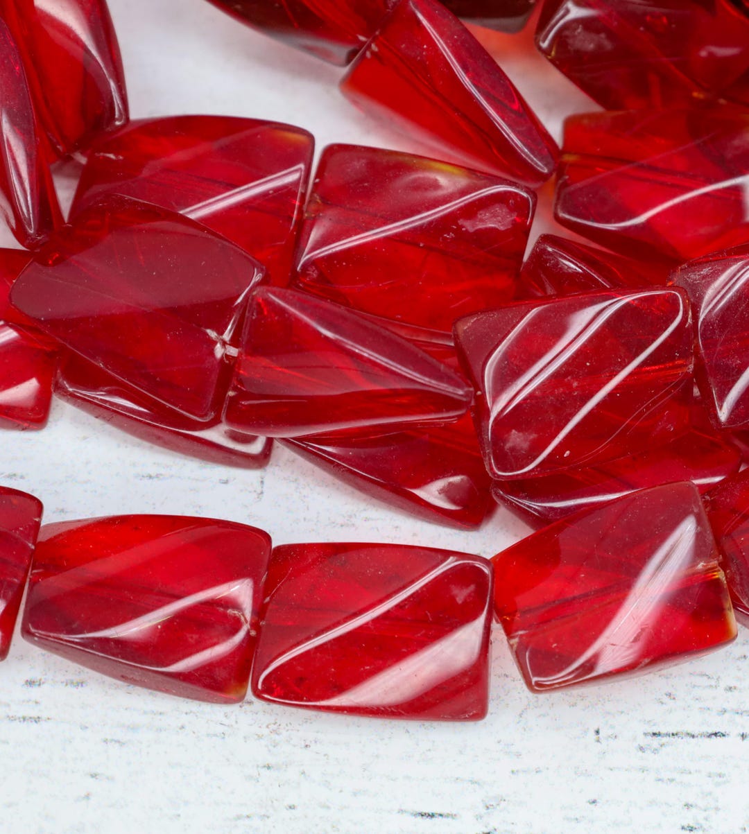 Twisted Rectangular Red Glass Beads - Red Pillow Beads - Red Glass ...