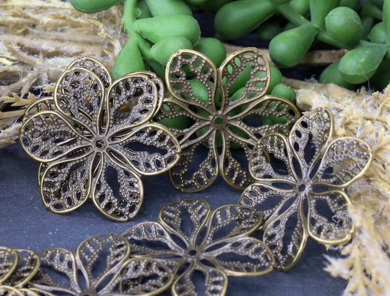 Antique Bronze Colored Filigree Flowers - Etched Metal Embellishments ...