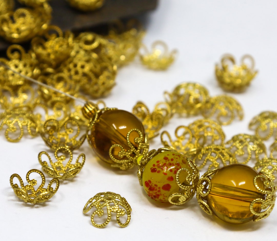Antique Gold Filigree Bead Caps, Floral Brass Bead Caps, Jewelry Bead ...