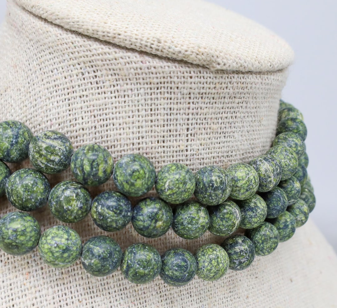 Natural Serpentine Green Lace Stone Beads, Round Dark Green Gemstone ...