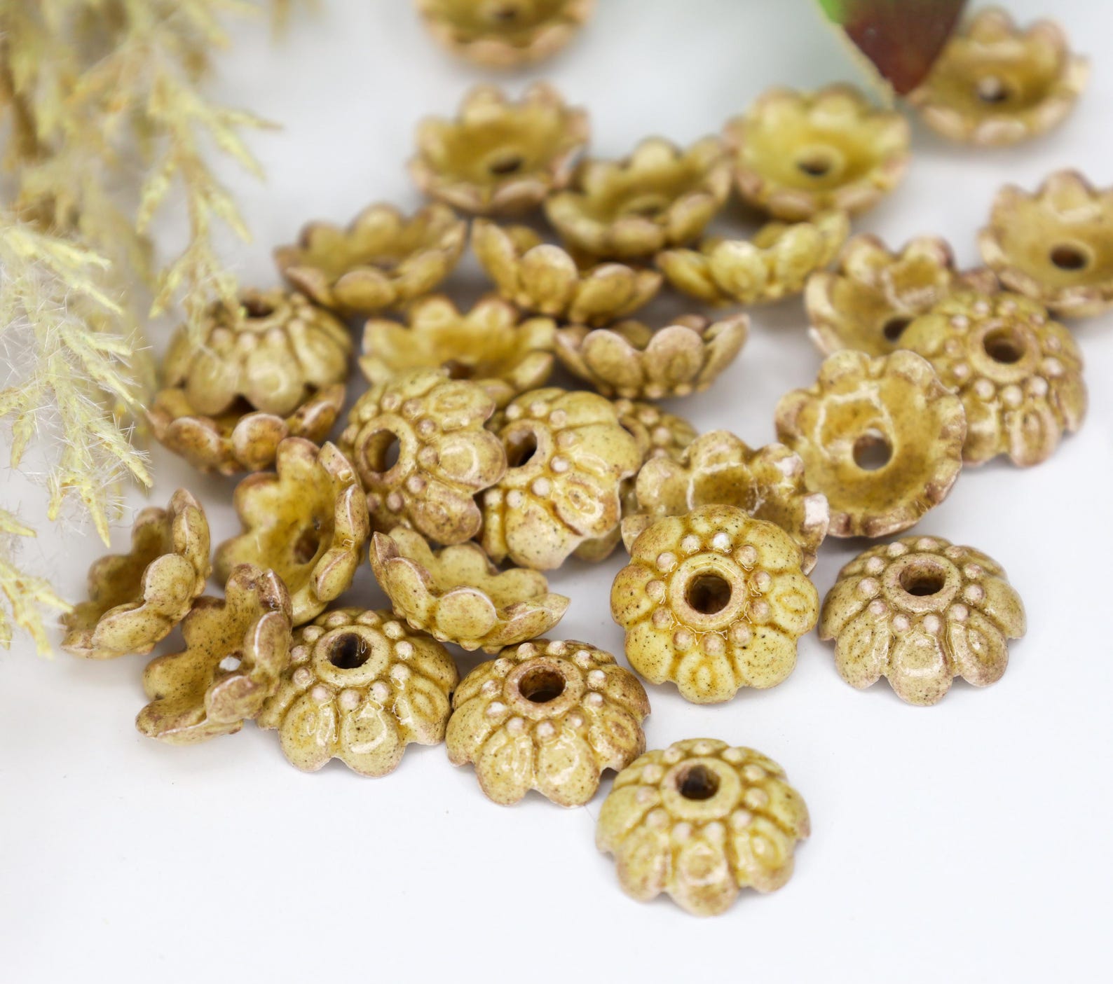 Handmade Porcelain Flower Bead Caps, Multi Petal Brown Ceramic Bead ...