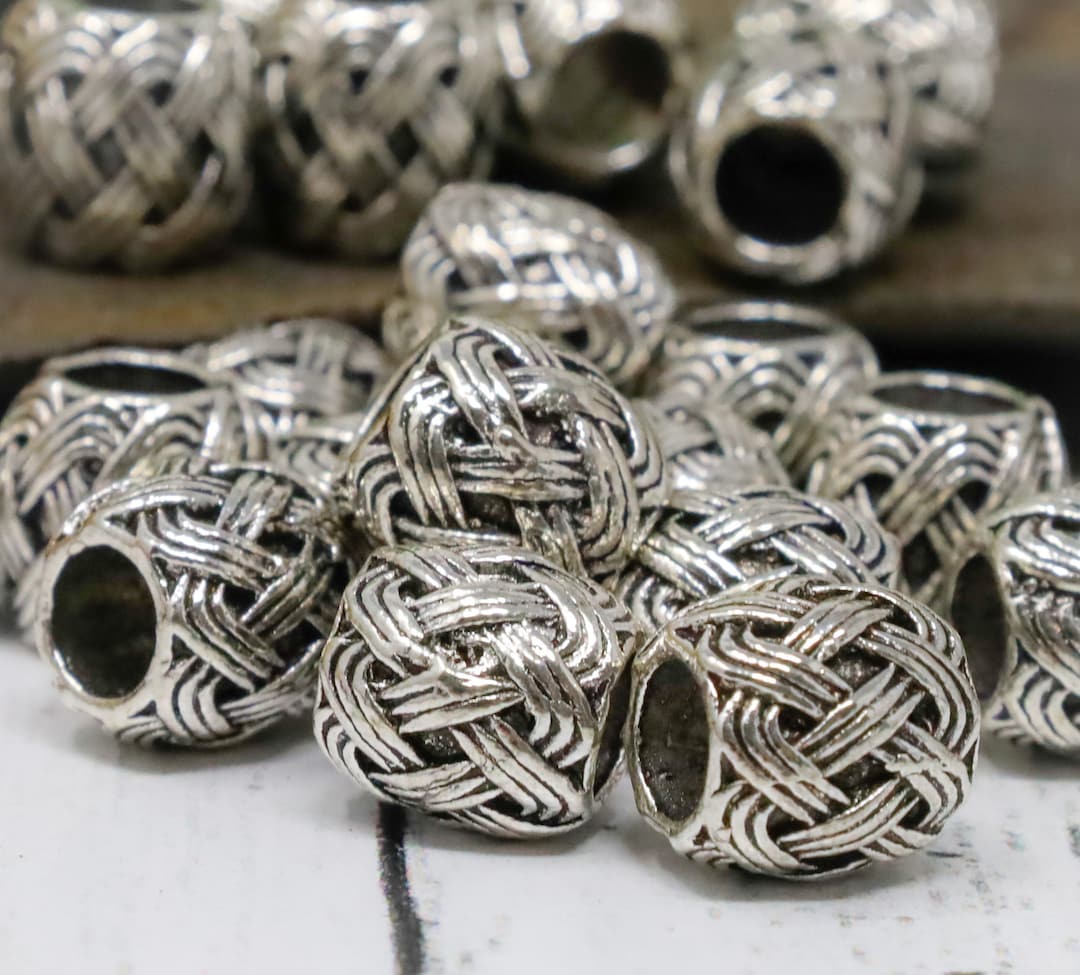 18 Large Hole Woven Rattan Drum Spacer Beads, Antique Silver Spacer ...