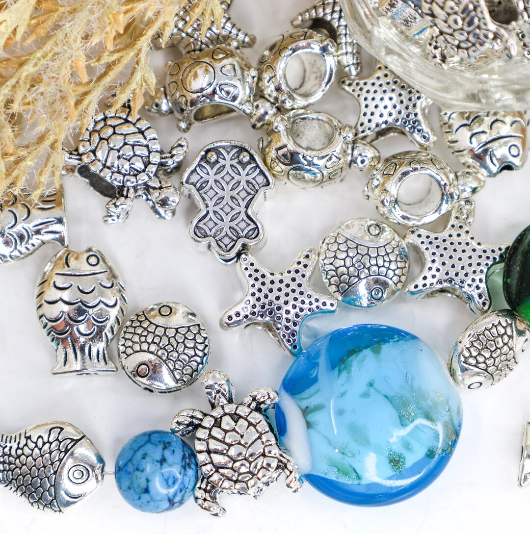 Fish & Starfish Alloy Bead Mix, European-style Silver Large Hole Beads ...