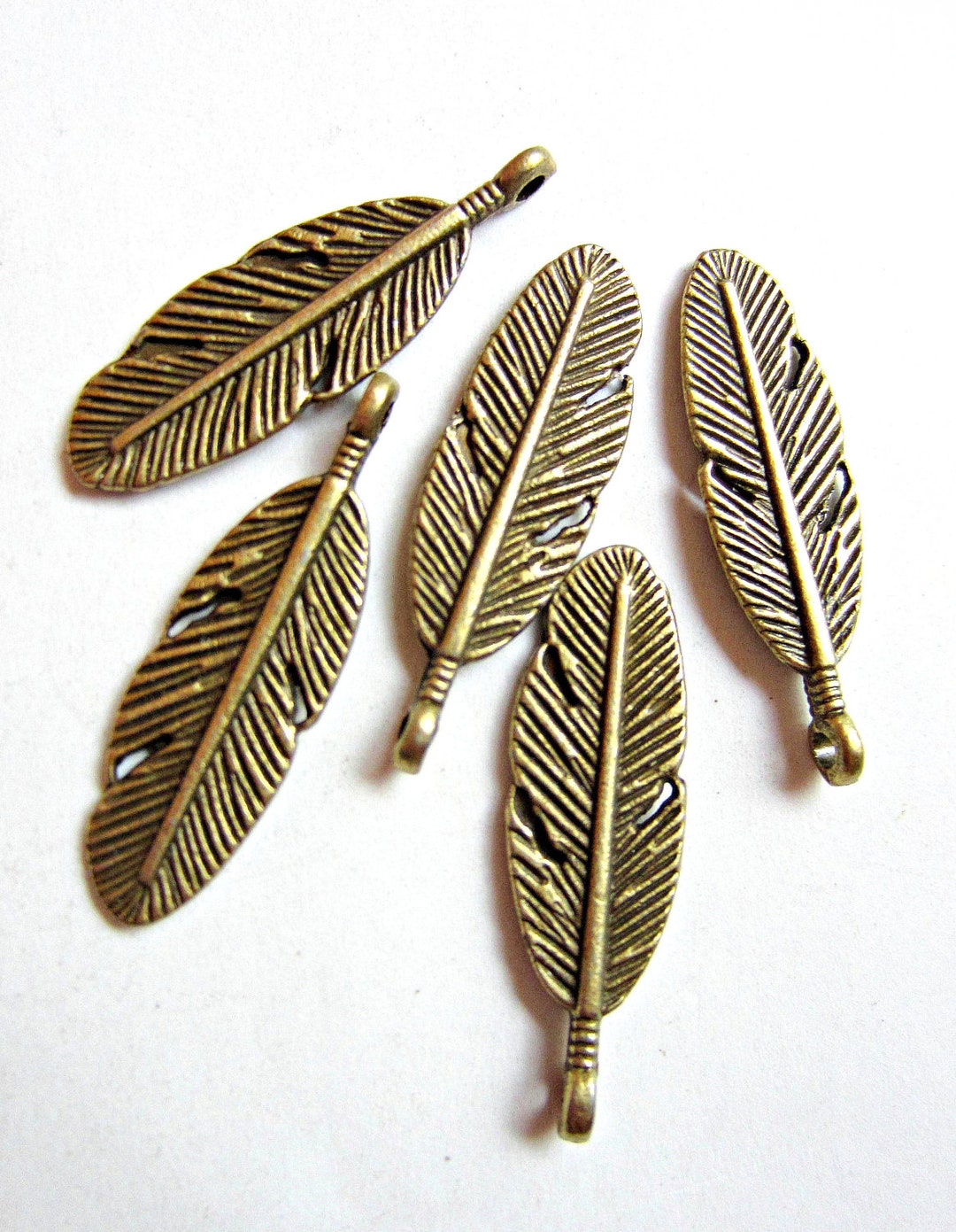 12 Feather Charms Antique Bronze Jewelry Pendants 30mm 9mm Bird Feather ...