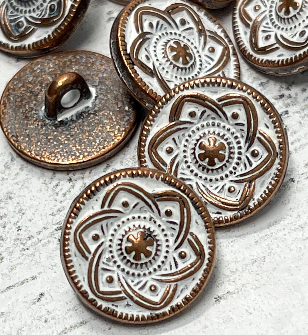 4 Metal Sewing Shank Buttons Round Antique Copper Flower Carved Spray ...