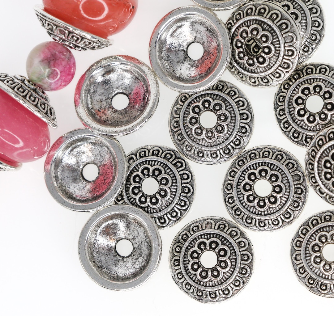 Floral Dome Bead Caps, Antique Silver Garden-style Spacers, Large Metal ...