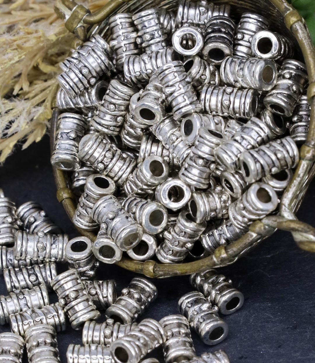 Antique Silver Metal Beads With Wire Wrap Pattern - Silver Metal Spacer ...