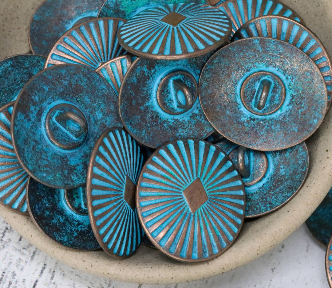 Antique Copper With Green Patina Shank Button, Starburst Oval Copper ...