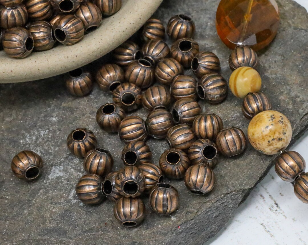30 Red Copper Ribbed Spacer Beads, Round Copper Beads, Pumpkin Spacer ...