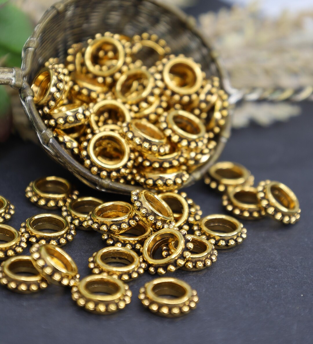 Large Hole Antique Gold Round Patterned Beads - Gold Metal Spacer Beads ...