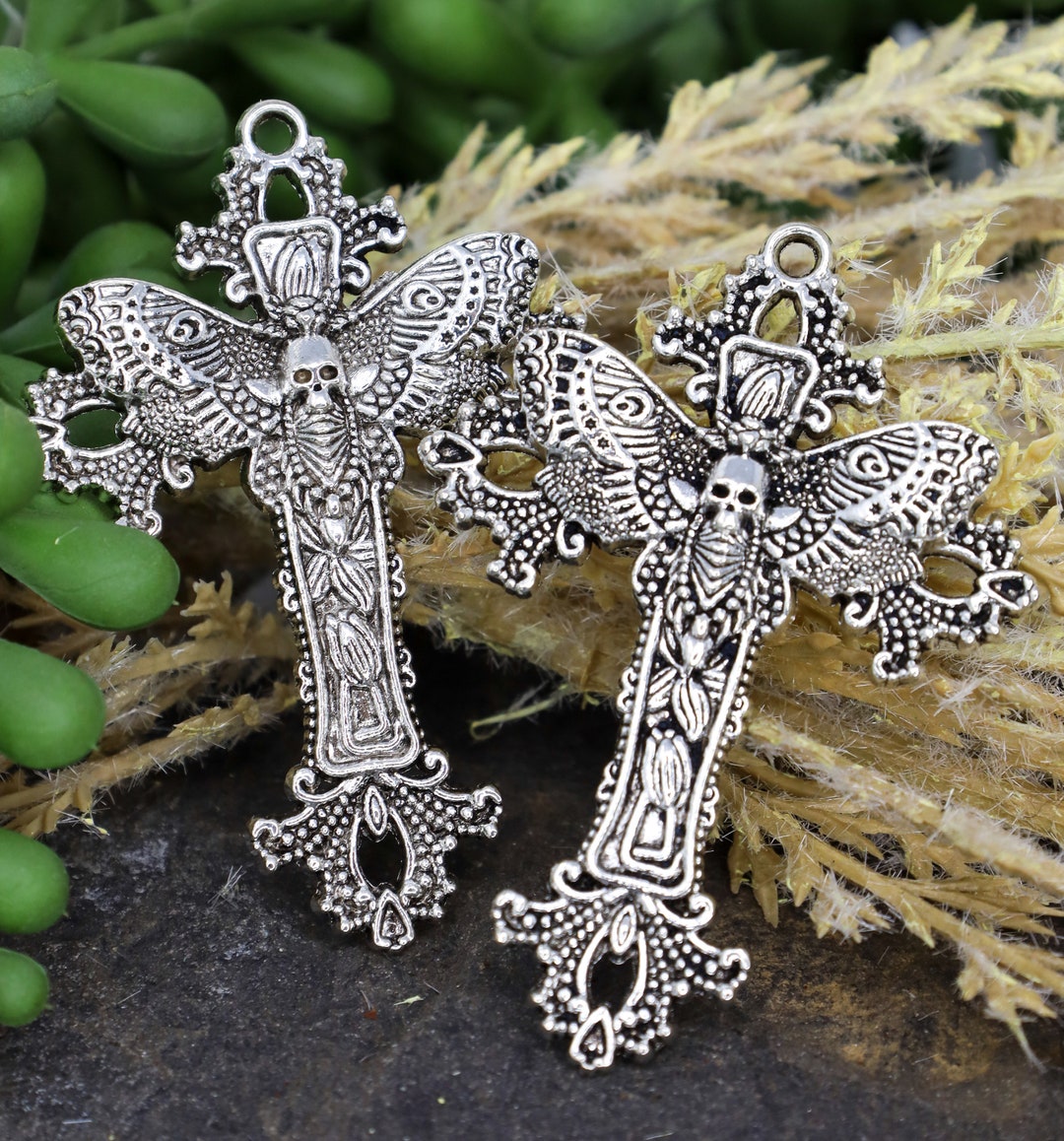 Gothic Cross With Skull and Moth Pendant - Goth Charm Jewelry - Silver ...