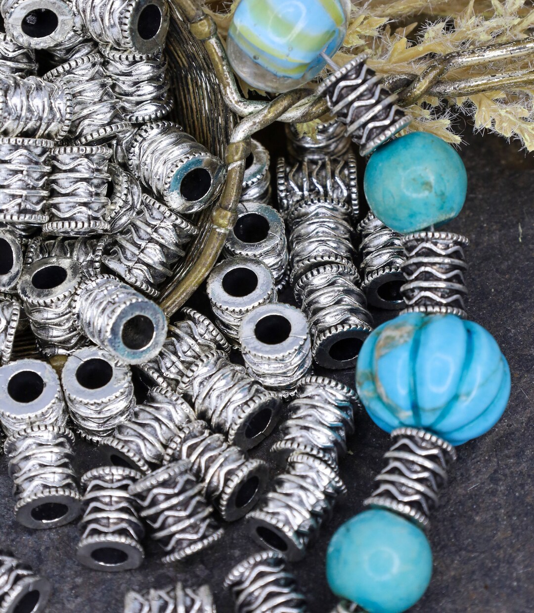 Antique Silver Ripple Cylinder Bead - Large Hole Spacer Bead - Silver ...