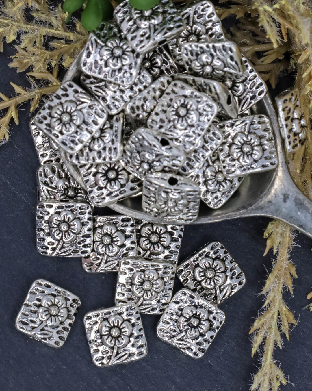 Antique Silver Floral Square Spacer Beads - Silver Daisy Beads ...