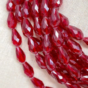 24 Deep Red Crystal Glass Faceted Beads, Red Teardrop Beads, Christmas ...
