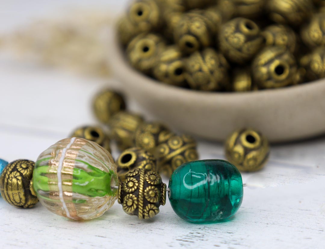 Antique Bronze Beads, Boho Chic Jewelry Supply, Patterned 10mm Round ...