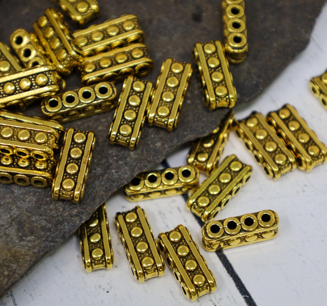 6 Antique Gold Spacer Bars, Double Sided, 4 Holes, Rectangle With ...