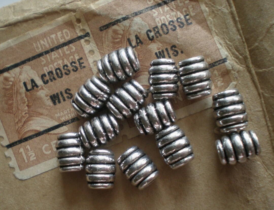 24 Silver Beads Metal Ribbed Barrels 7mm X 5mm - Etsy