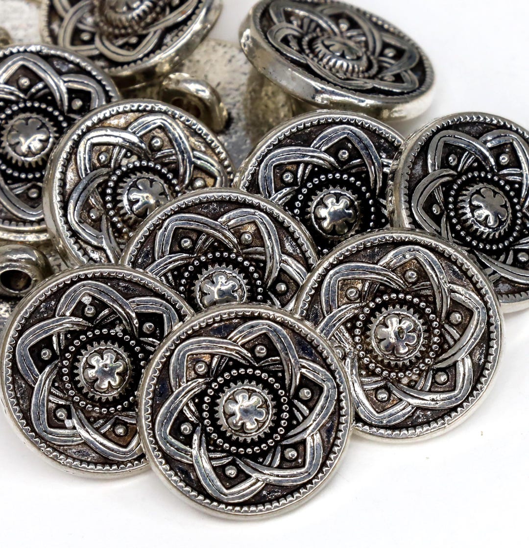 Antique Silver Flower Shank Buttons, 15mm Round Carved Metal Sewing ...